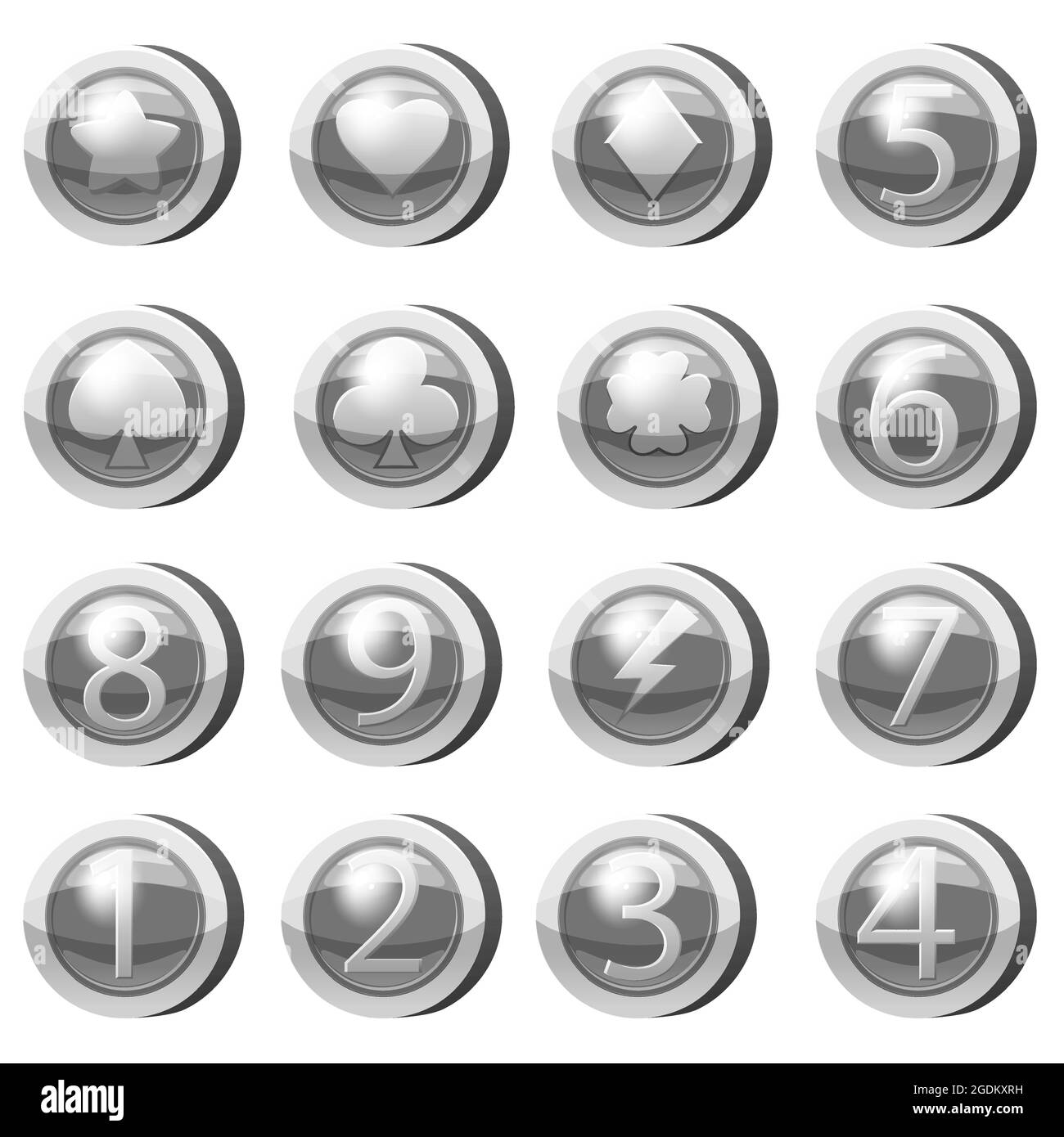 Set of Silver Coins for game apps. Silver icons star, heart, numbers ...