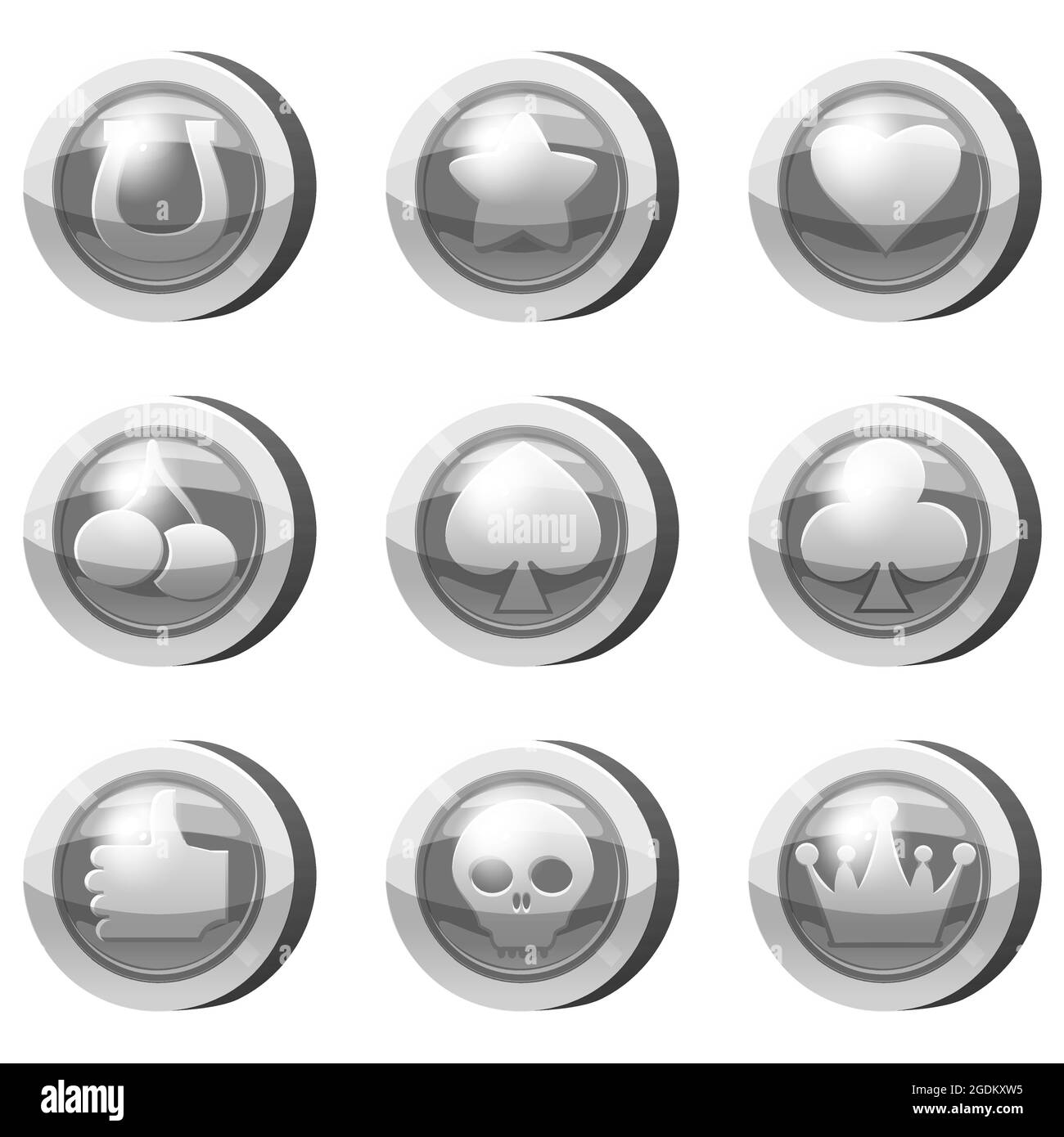 Set of Silver Coins for game apps. Silver icons star, heart, card suits ...