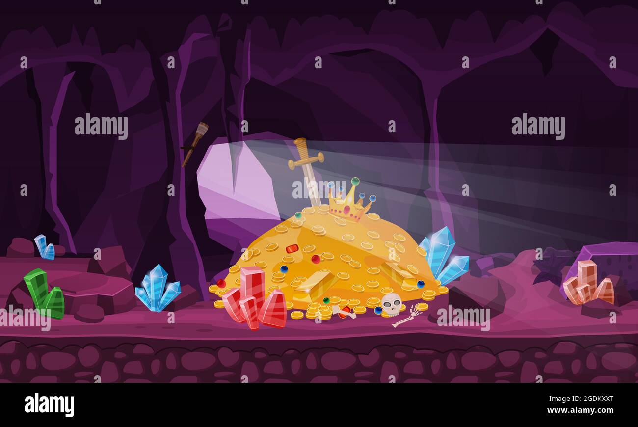 Concept Treasure cave, gold pile, coins, gems, crown, sword, crystals ...