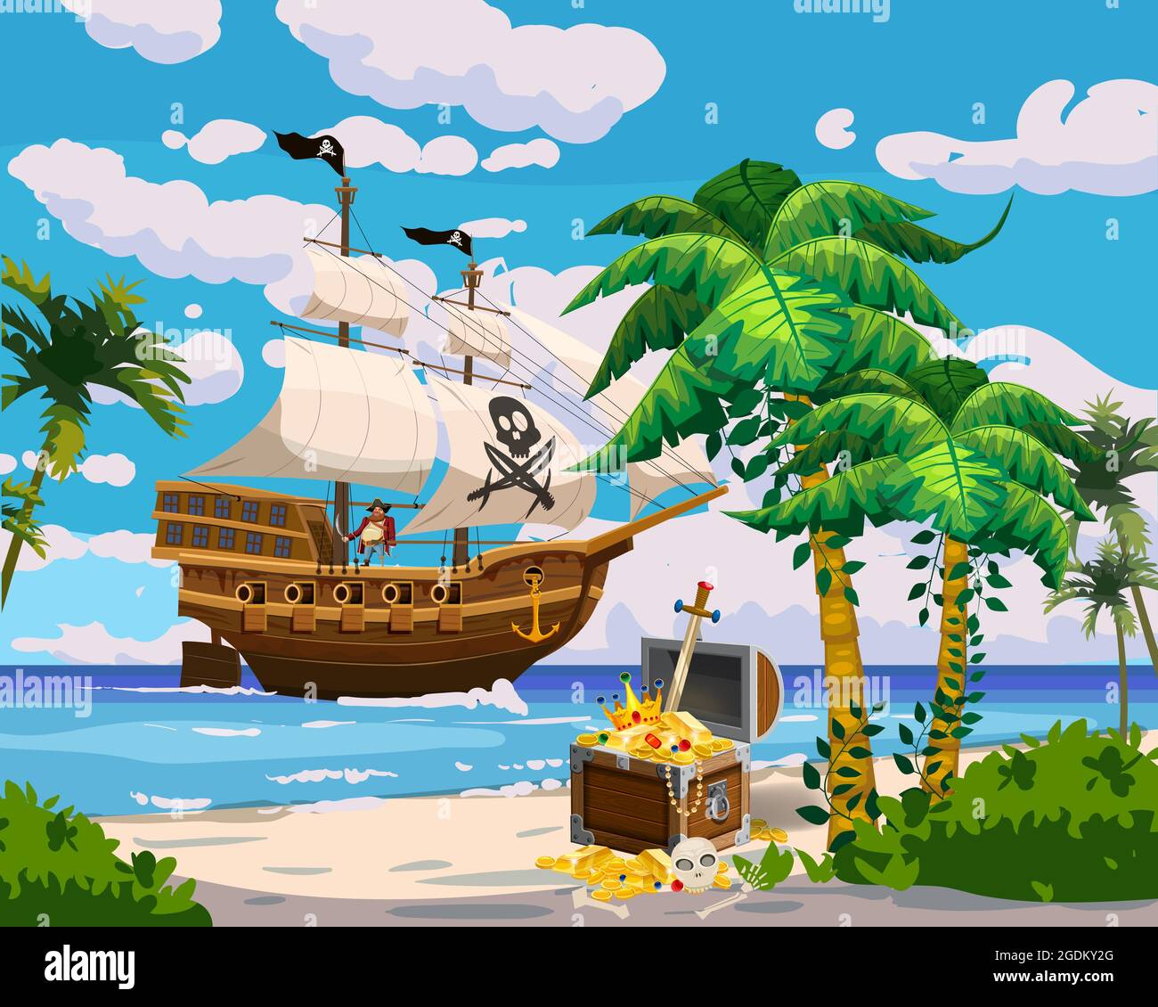 Tropical Island Pirate ship under sail in ocean, treasure cheast ...
