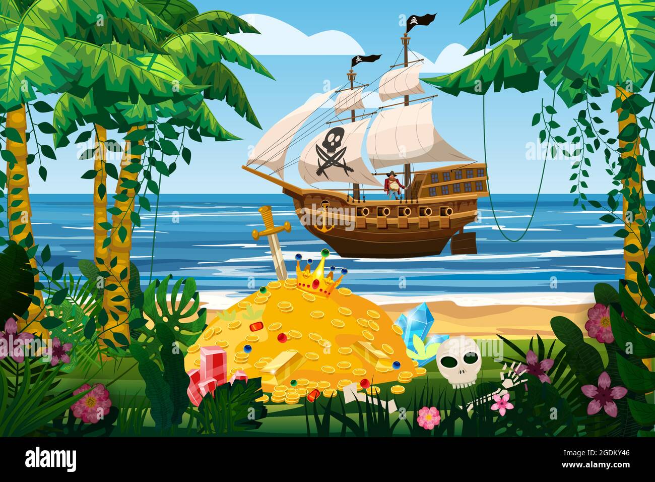 Pirate ship under sail in ocean. Tropical Island, treasure gold pile ...