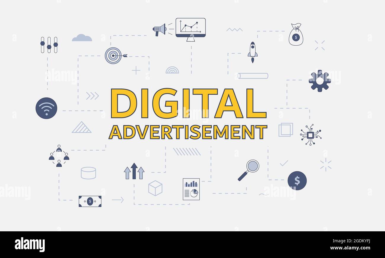 digital advertisement concept with icon set with big word or text on ...
