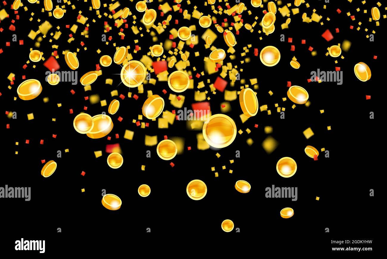 Falling flying gold coins with tinsel money from the top golden rain ...