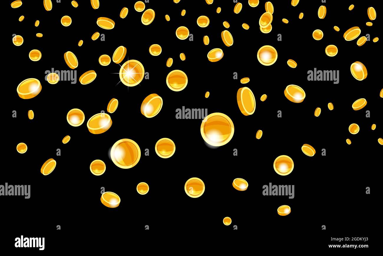 Falling flying gold coins money from the top golden rain. On a black ...
