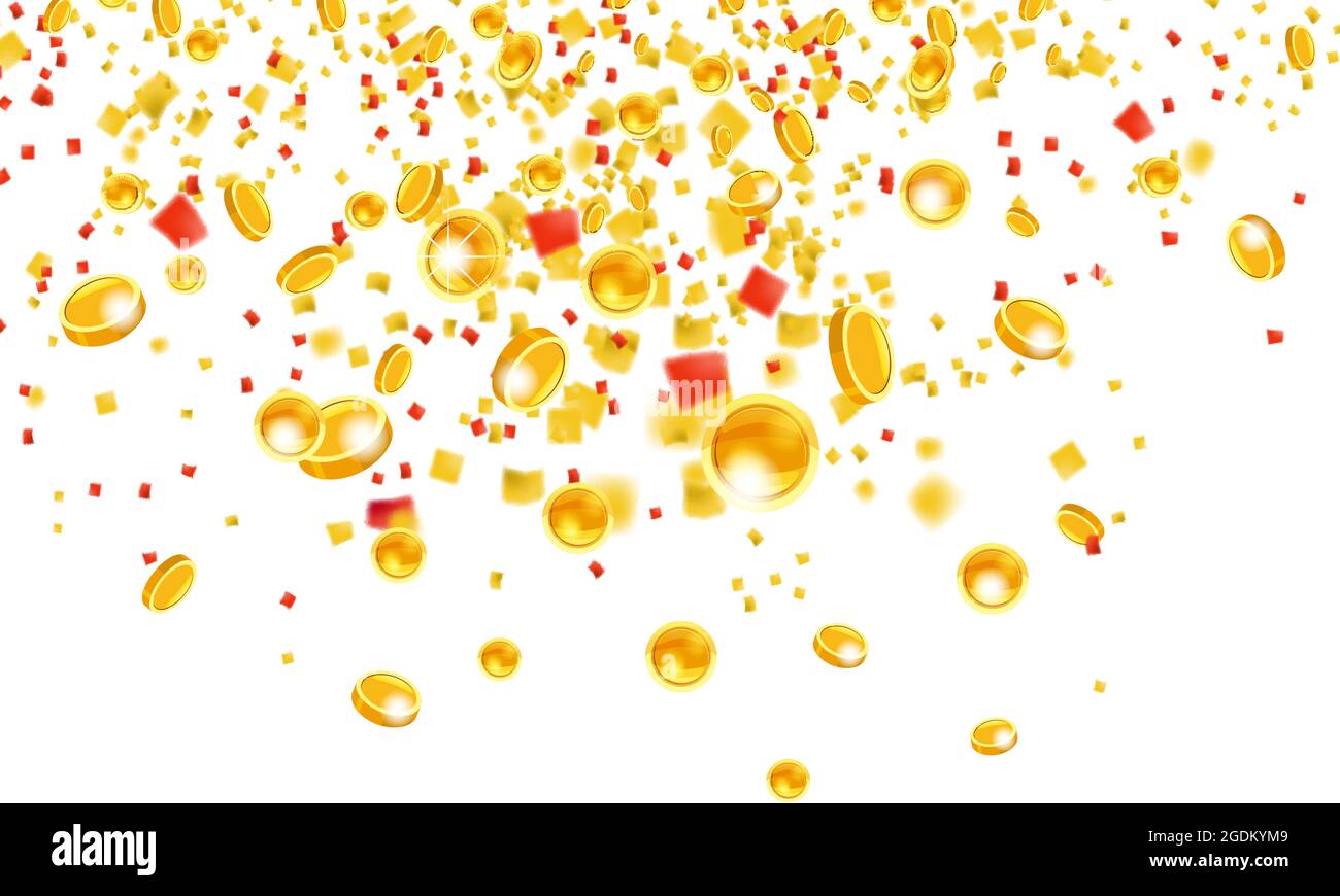 Falling flying gold coins with tinsel money from the top golden rain ...