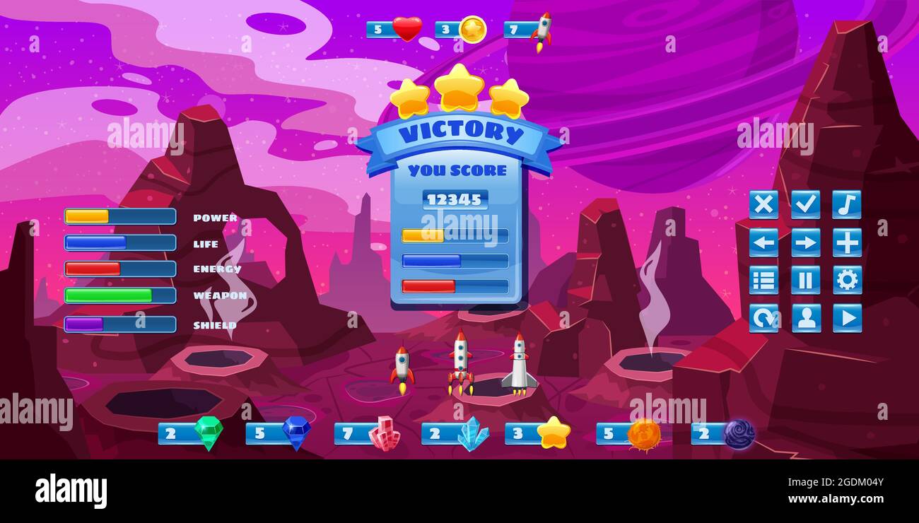 Fantasy space cartoon game concept background and Ui basic buttons and ...