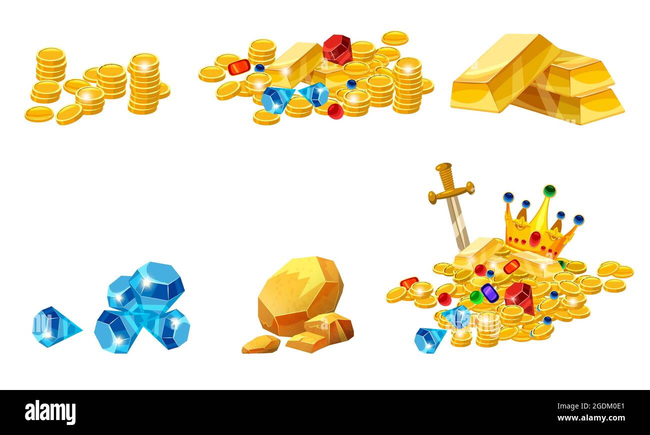 Set Treasure, gold, coins, rock gold nugget, bars, jewels, crown ...