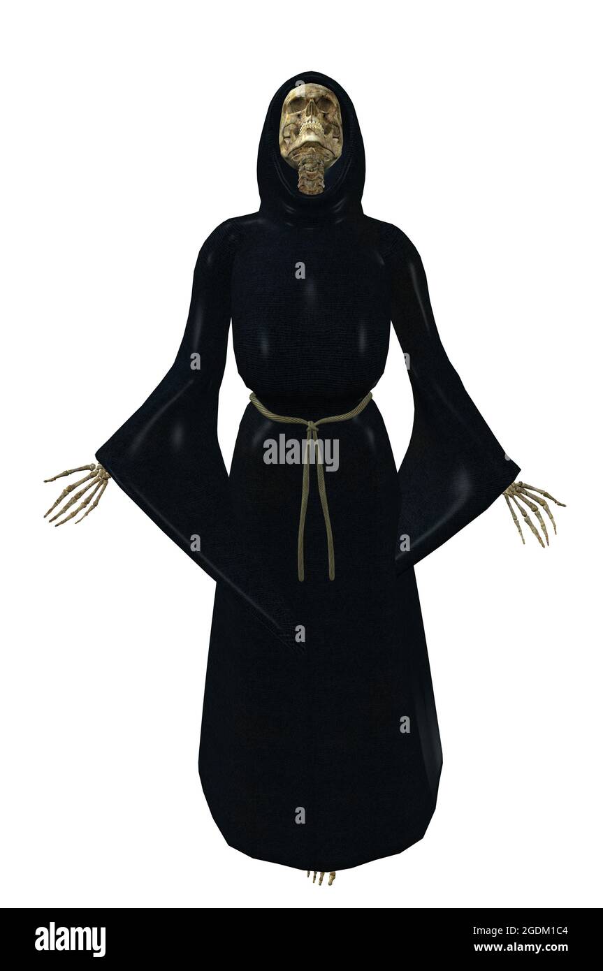 Digitally rendered skeleton in black hooded robe, dark reaper, 3d ...