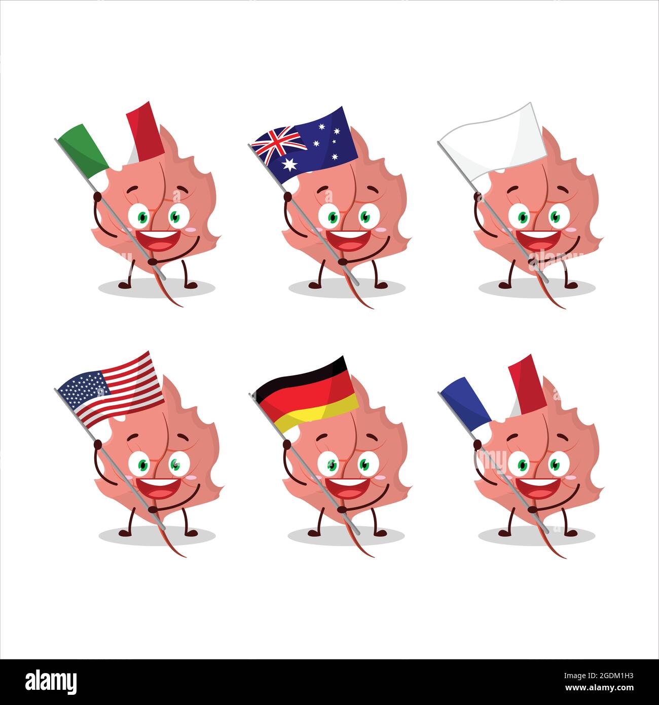 Pink maple cartoon character bring the flags of various countries ...