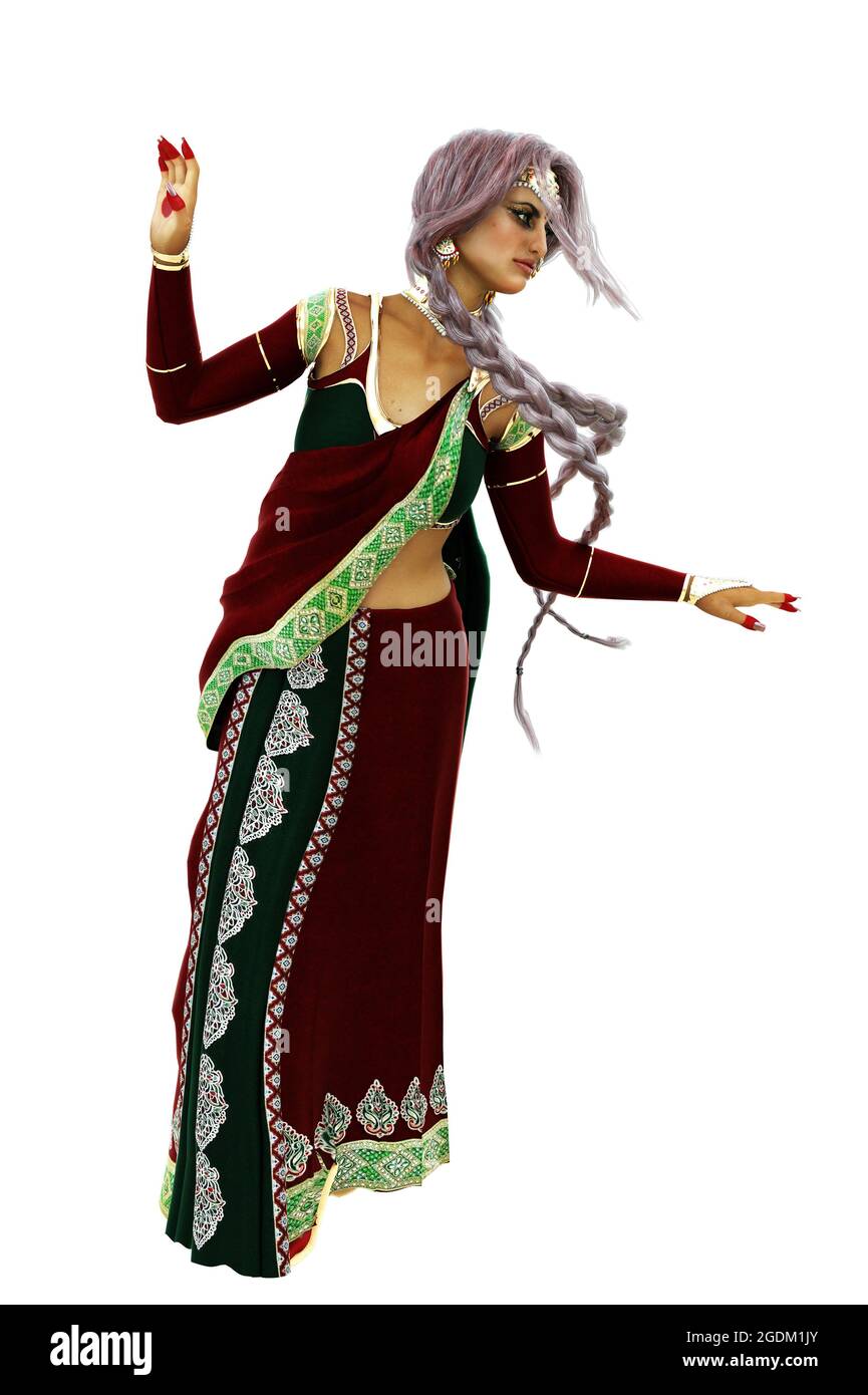 Digitally rendered Indian woman in red saree with long braids, 3d ...