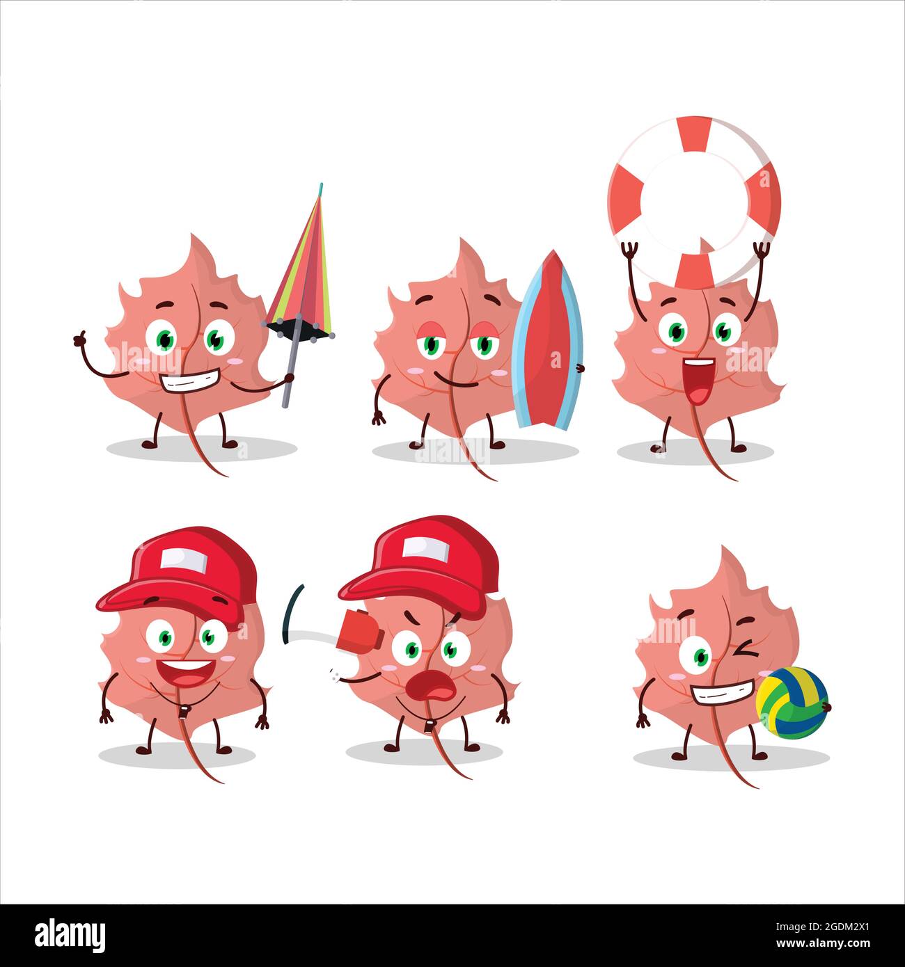 Happy Face pink maple cartoon character playing on a beach. Vector ...