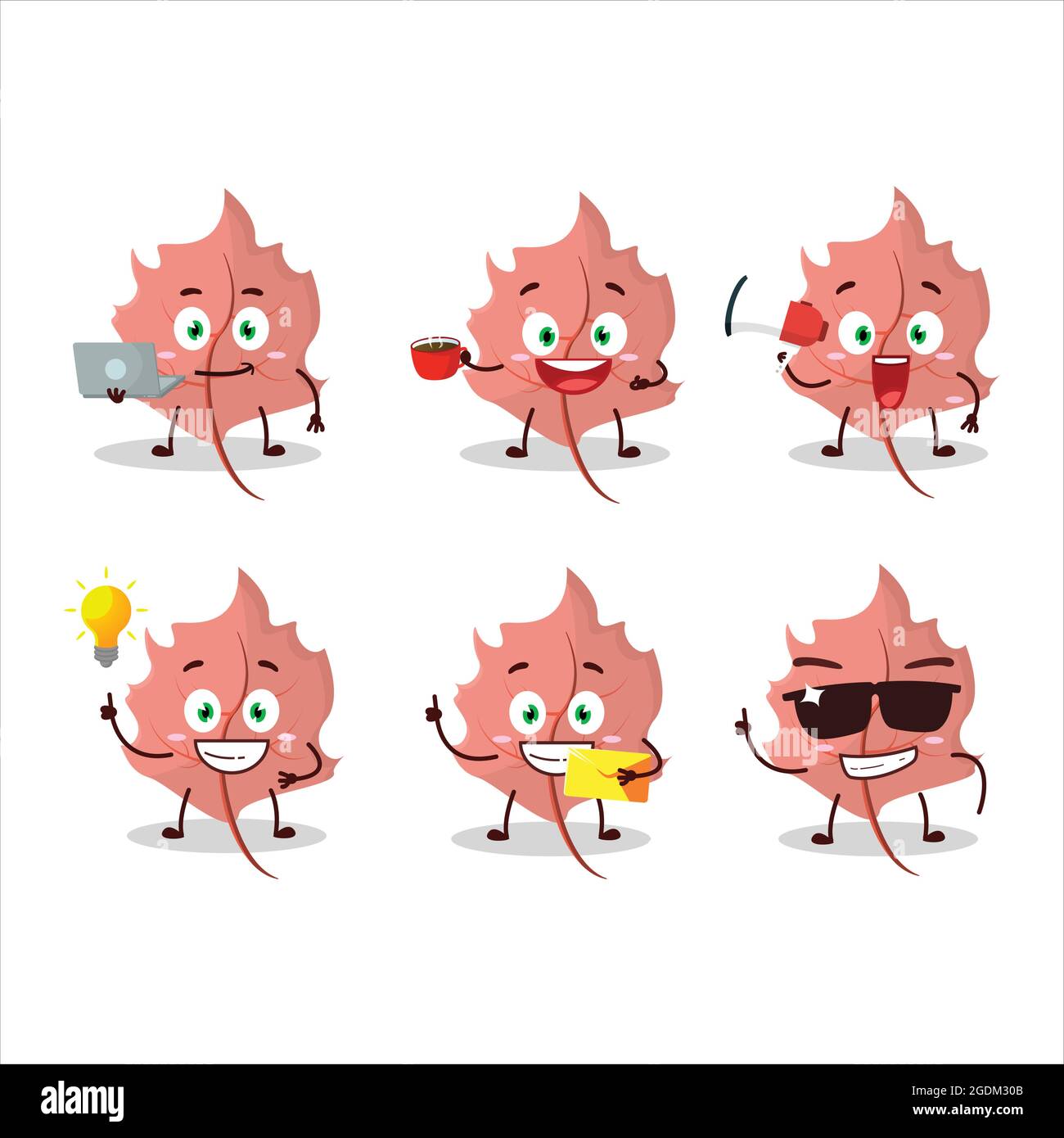 Pink maple cartoon character with various types of business emoticons ...