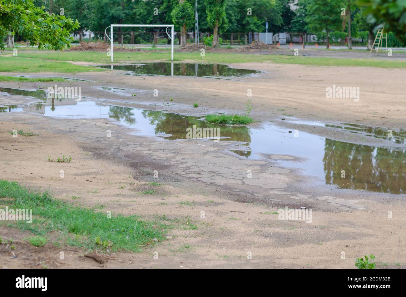 A soccer field with puddles after a downpour. An empty sports field ...