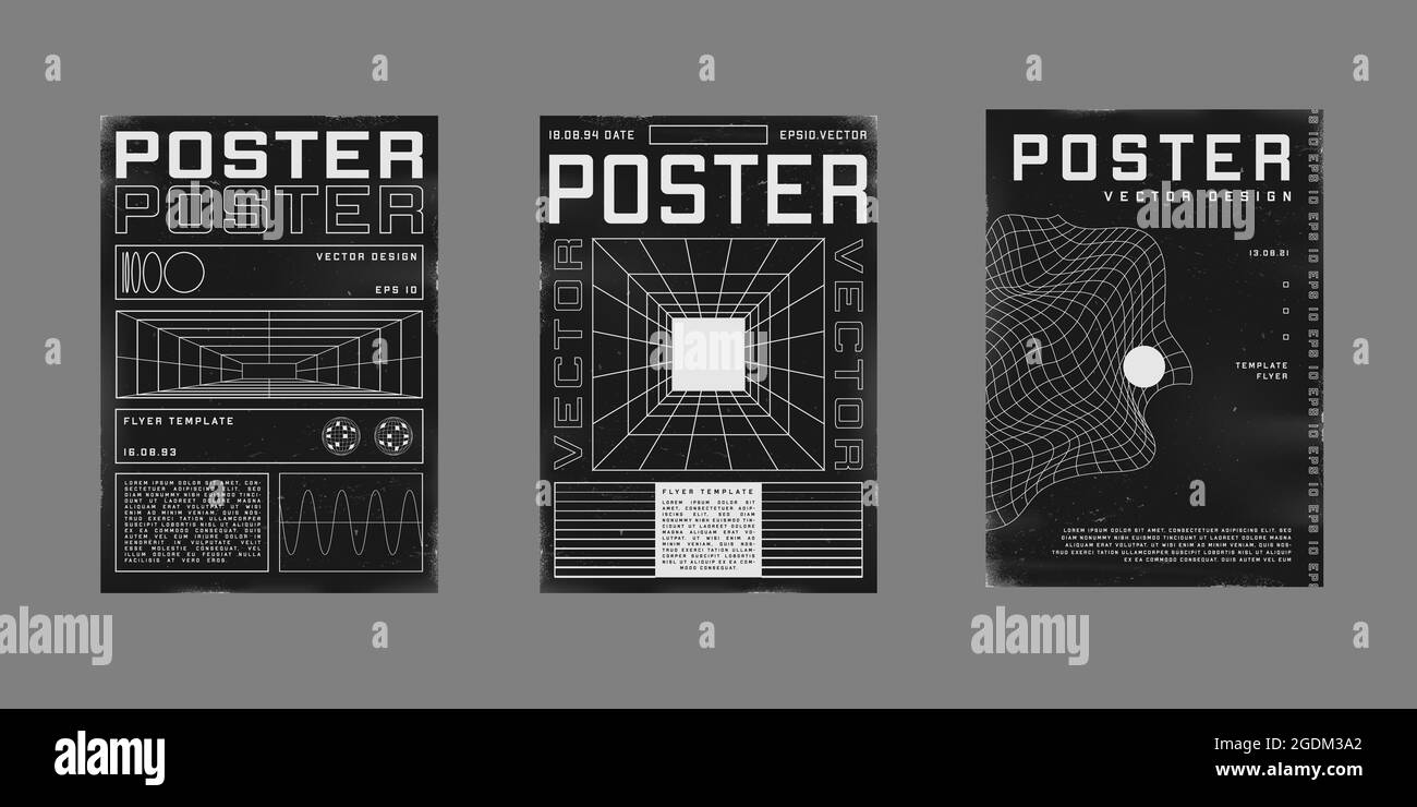 Set of retrofuturistic design posters. Cyberpunk 80s style posters with ...