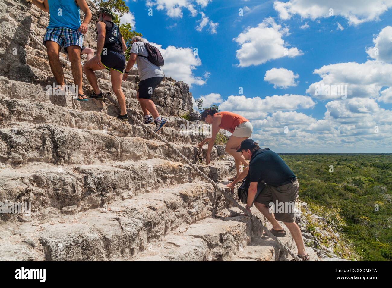 COBA, MEXICO - MARCH 1, 2016: Tourist climb the Pyramid Nohoch Mul at ...