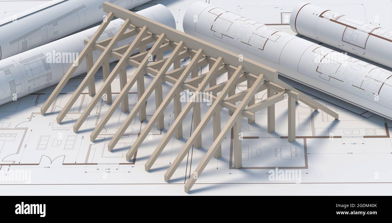 Roofing contractor and engineer office. Wooden framing trusses, roof ...