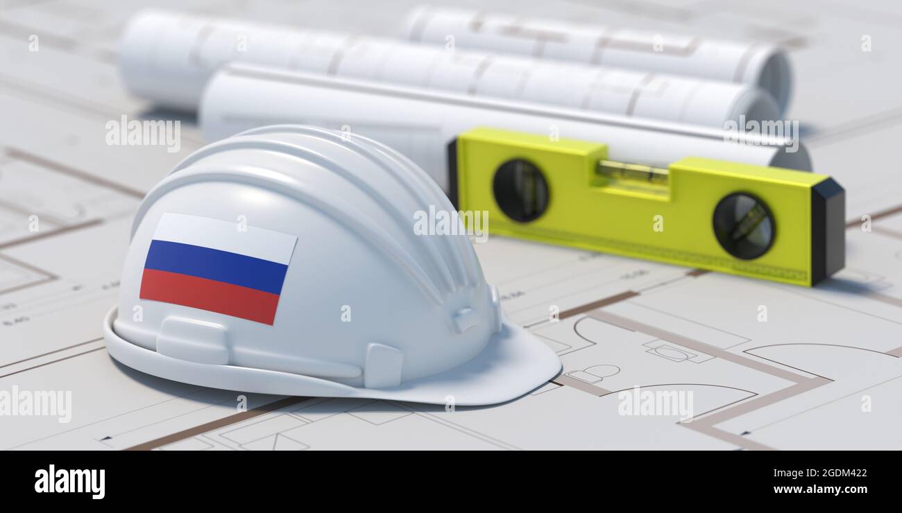 Construction industry in Russia. Russin flag Architect engineer hardhat ...