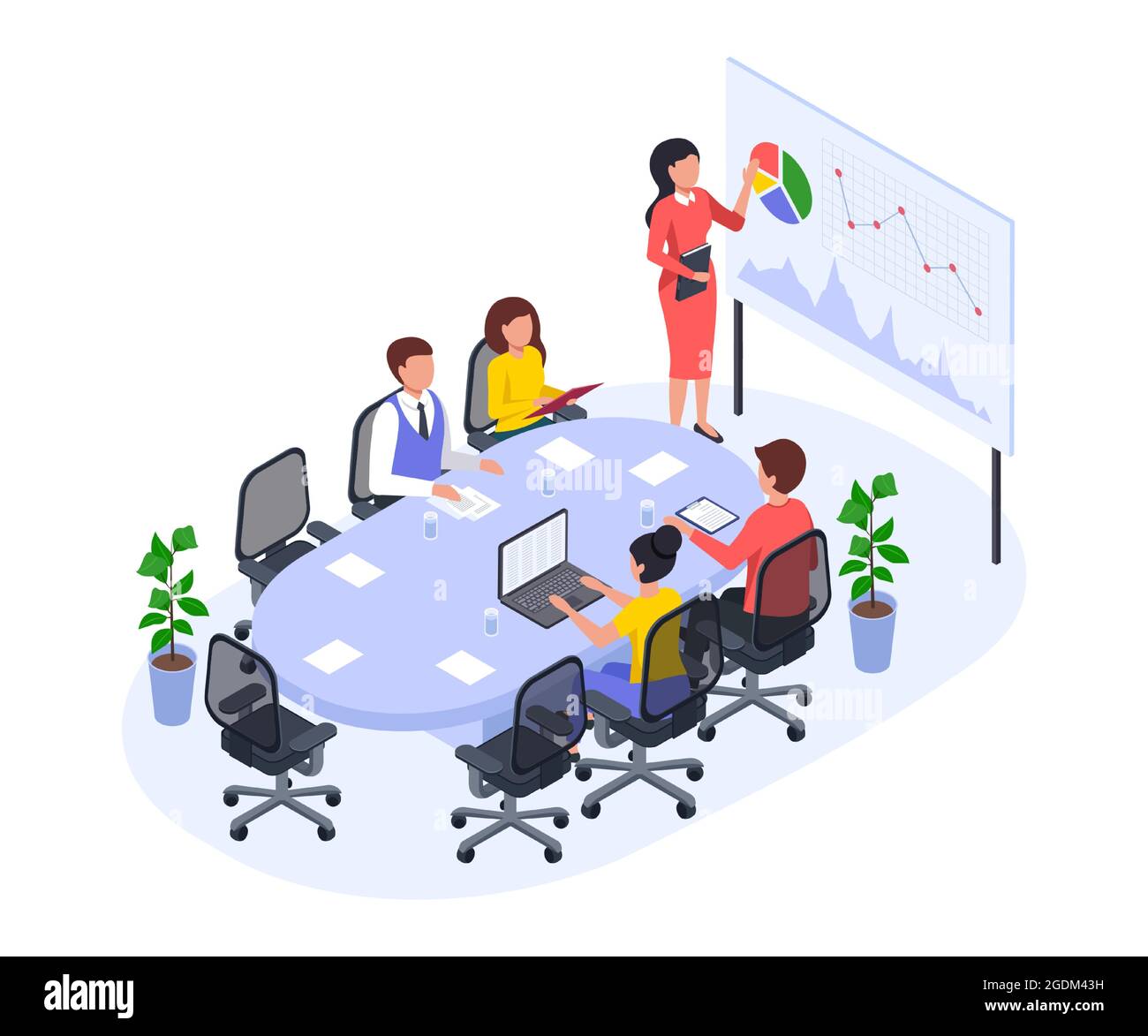 Isometric office meeting, business team in conference room ...