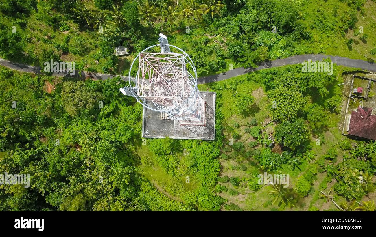 Aerial drone view of tower antennas Telecommunication cell phone, radio transmitters of cellular ...