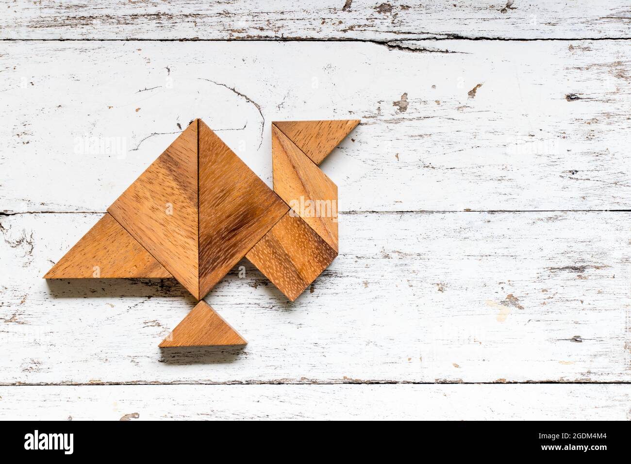 Tangram puzzle in vulture or turkey shape on old white wood background ...