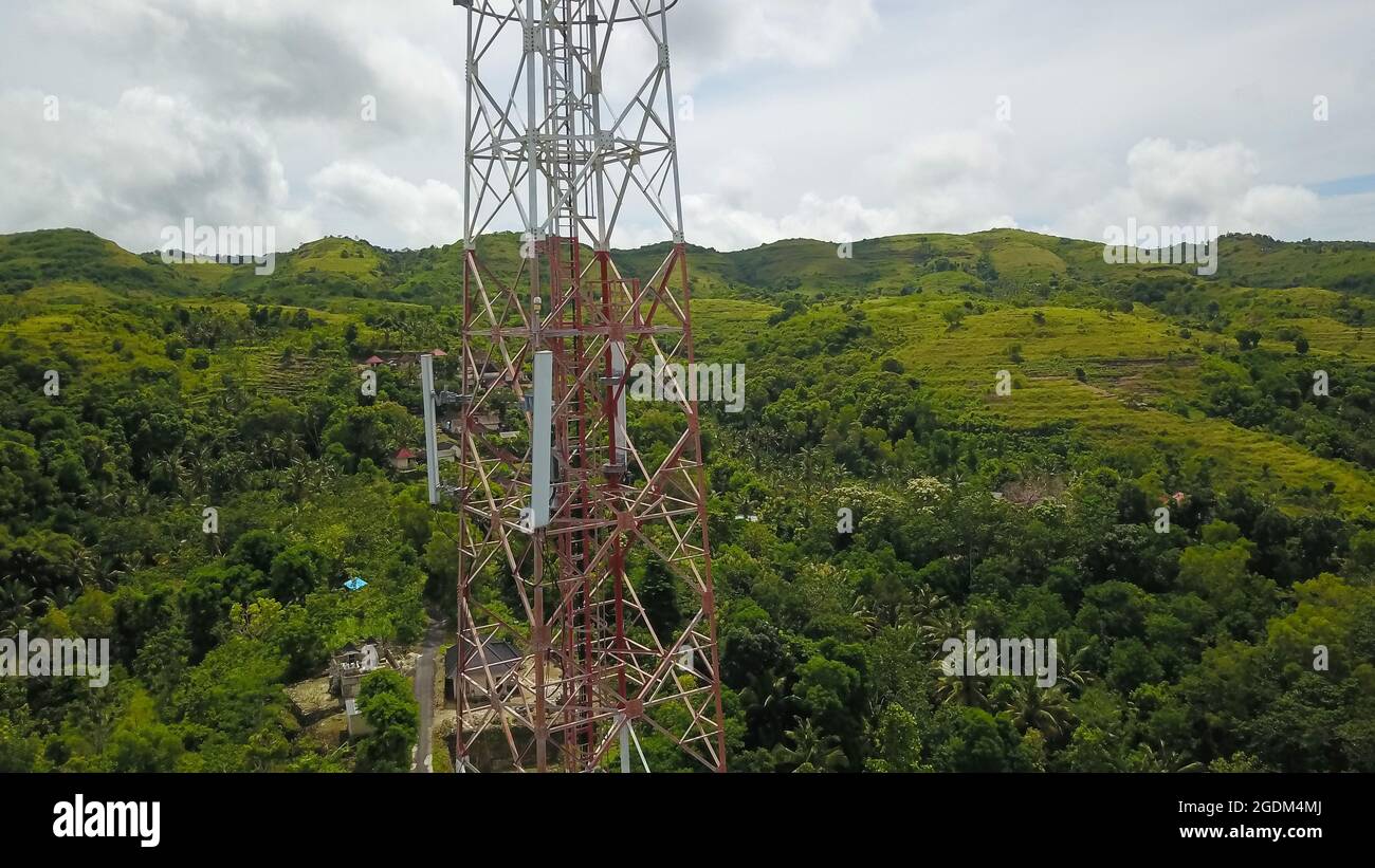 Telecommunication tower 5G. Telecom tower 5G antennas and satellite transmits the signals of ...