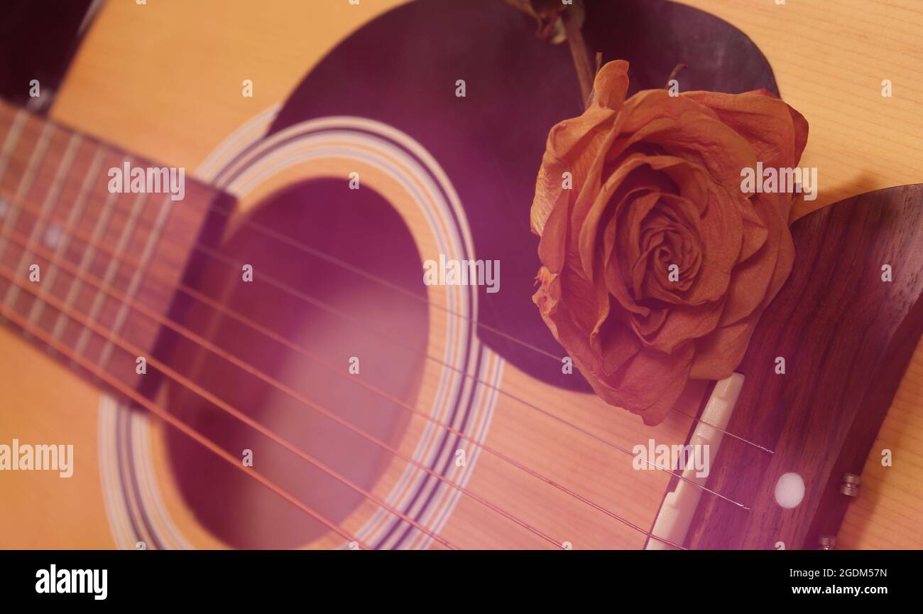 Classic Acoustic Guitar With Dried Roses Stock Photo - Alamy