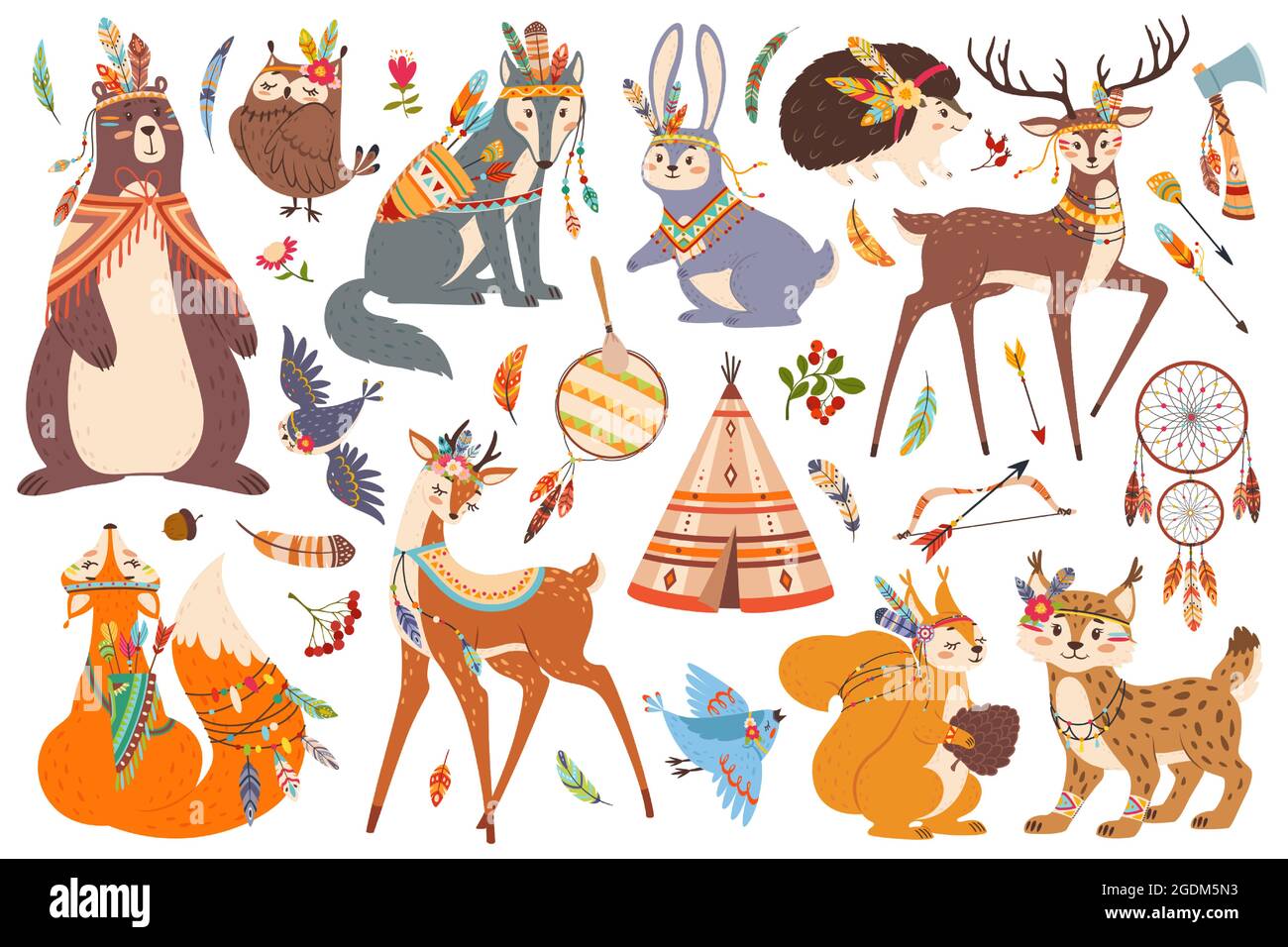 Cute woodland tribal animals, boho tribe forest animal. Fox, owl, wolf ...