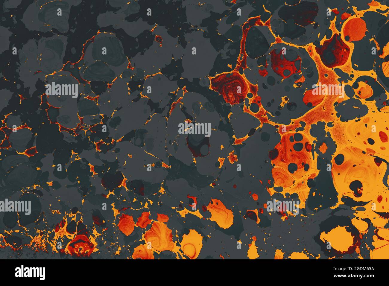 Unique 2D illustration with glowing orange fiery shapes on a dark ...