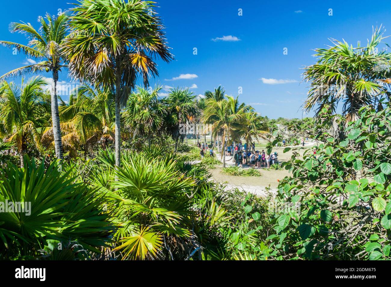 TULUM, MEXIO - FEB 29, 2016: Tourists visit the ruins of the ancient ...