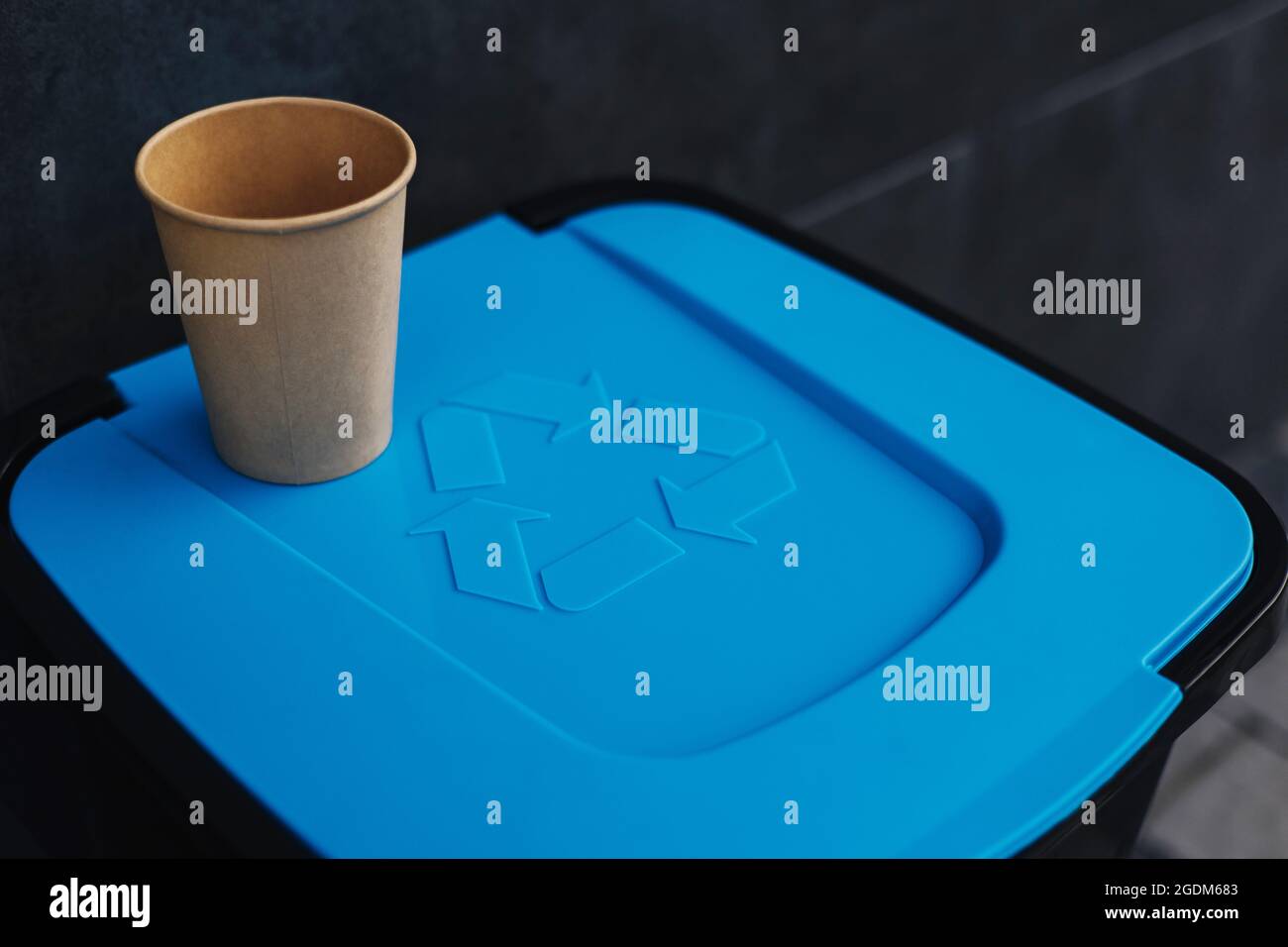 Cardboard cup on blue colour recycling bin Stock Photo - Alamy