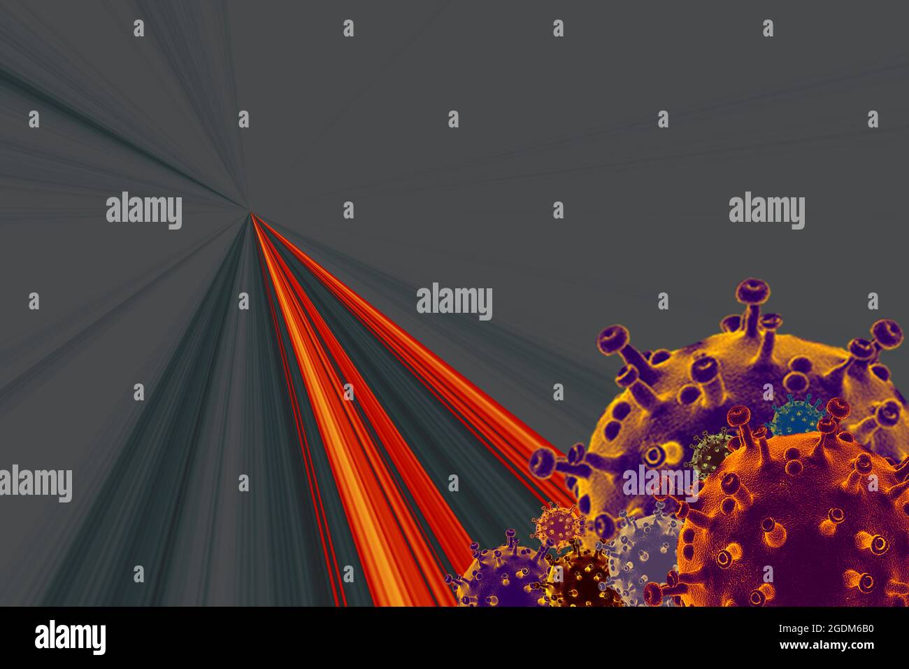 Covid-themed 2D illustration with virus cells on a vibrant red and gray ...