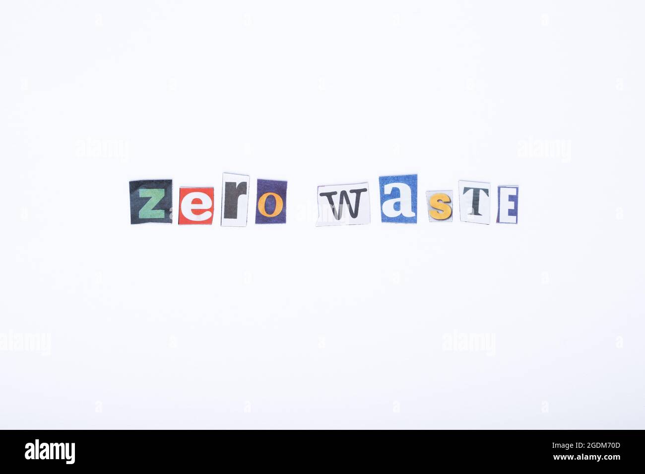 Zero waste words on a white background. Words cut from newspapers and ...
