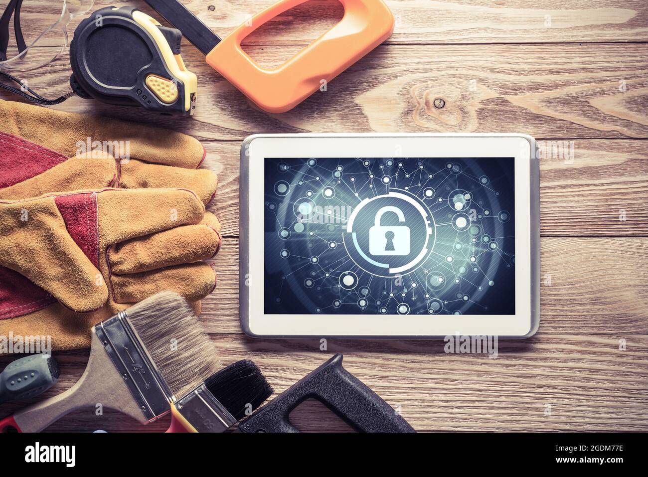 Web security and technology concept with tablet pc on wooden table ...