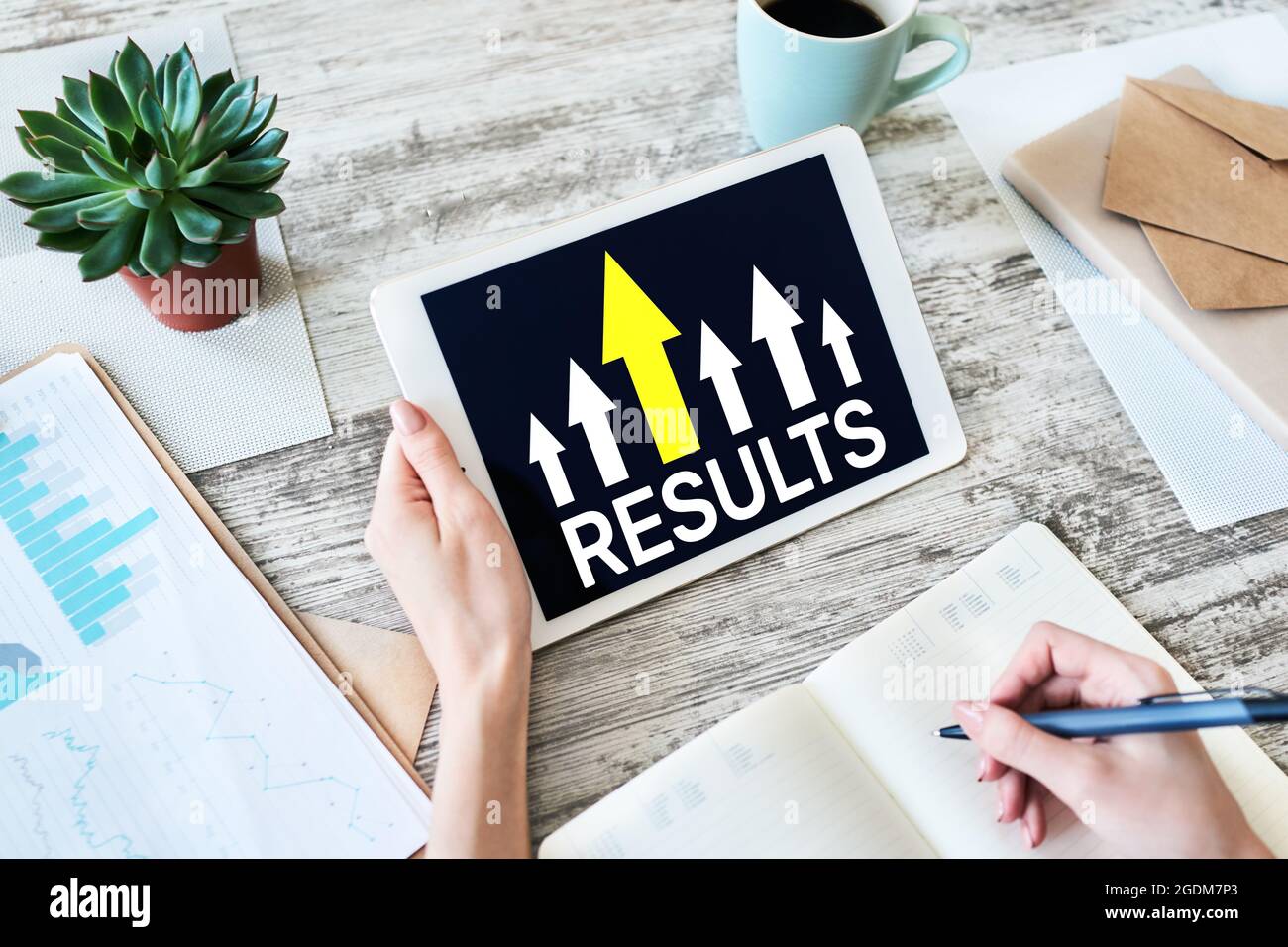 Results growth arrow on screen. Business and personal development ...