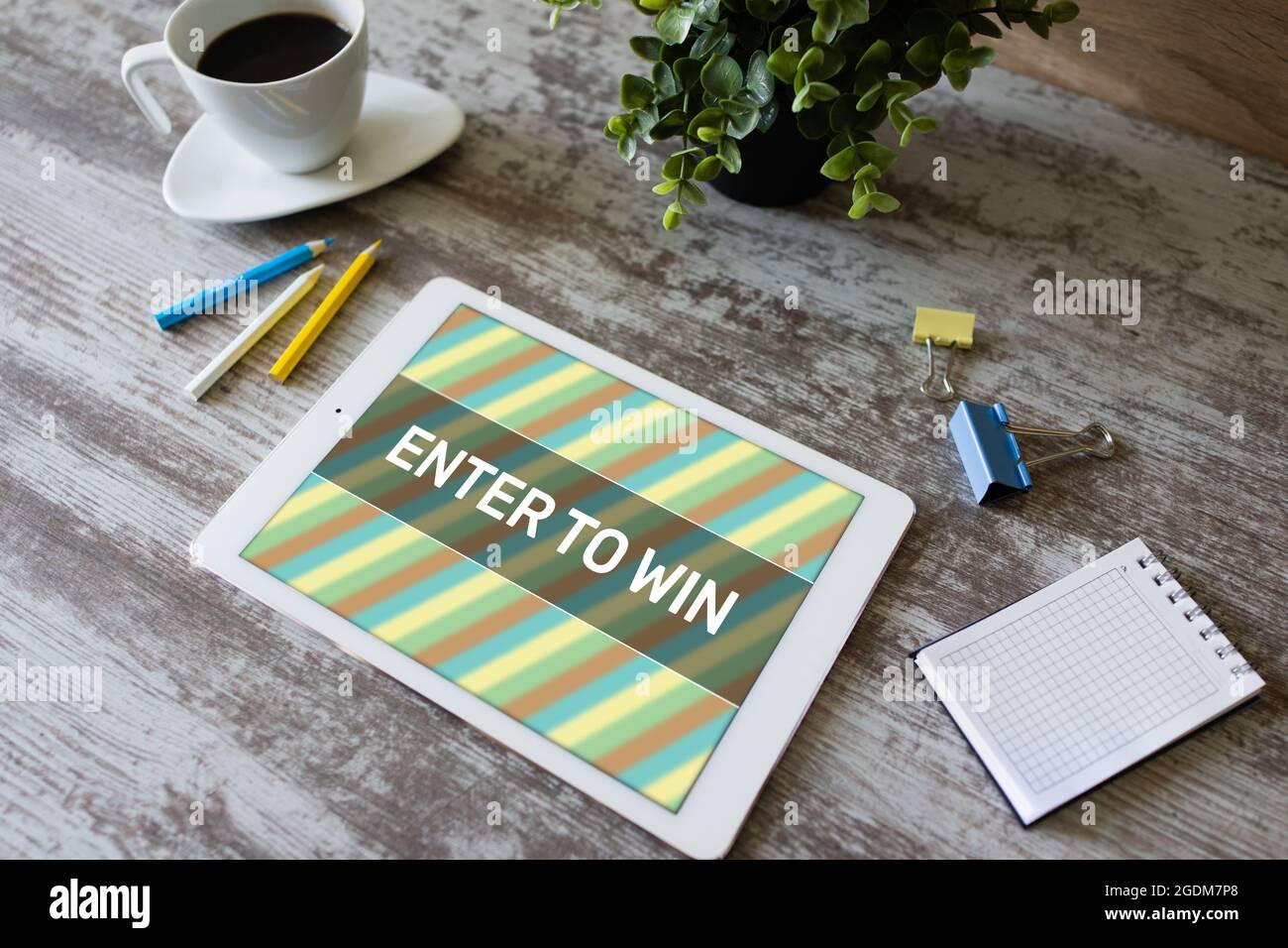 Enter to win text on the screen. Giveaway. Lottery and prizes. Social ...