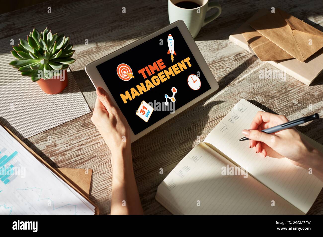 Time management text and icons on screen. Business and personal growth ...