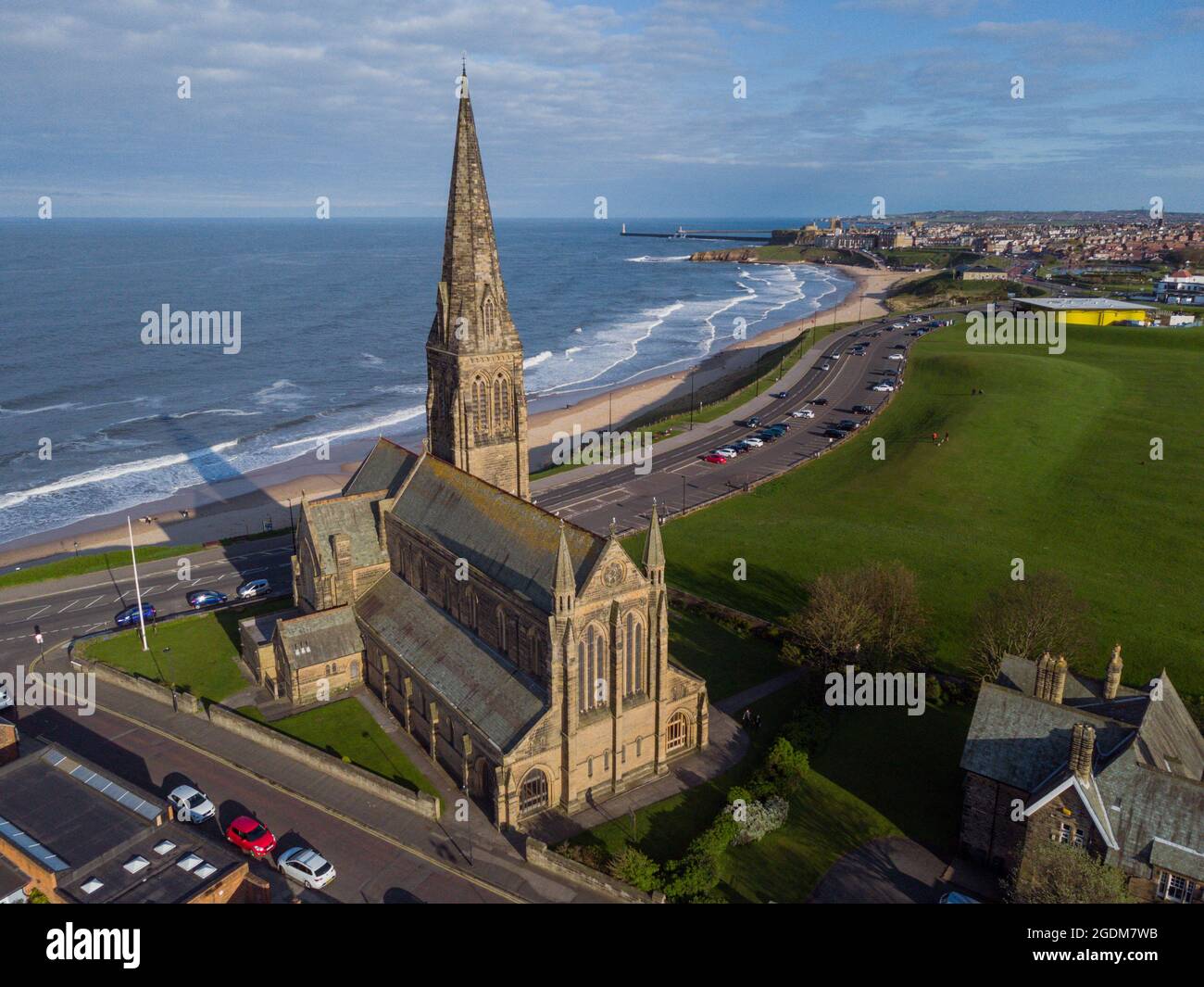 Aerial view of St. George's church and Longsands, Tynemouth, North ...