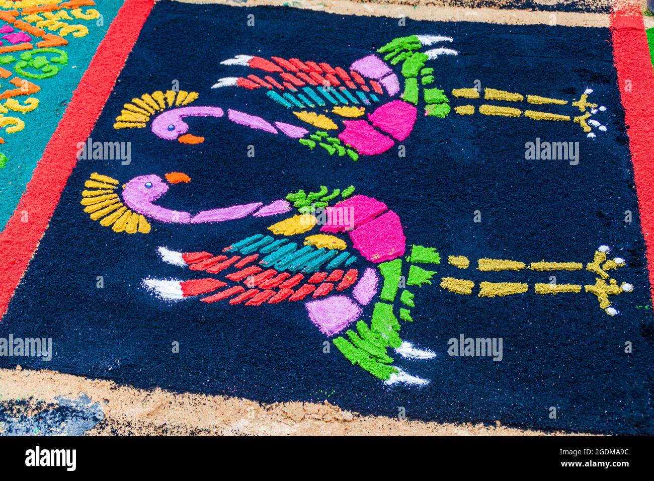 Detail of decorative Easter carpet in Antigua Guatemala town, Guatemala ...