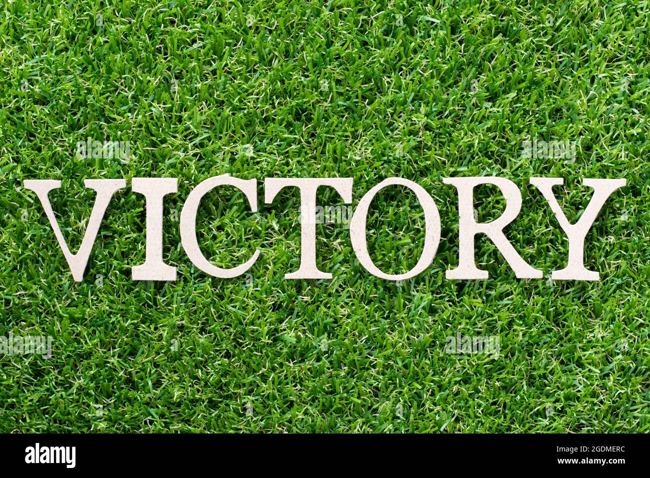 Wood alphabet in word victory on artificial green grass background ...