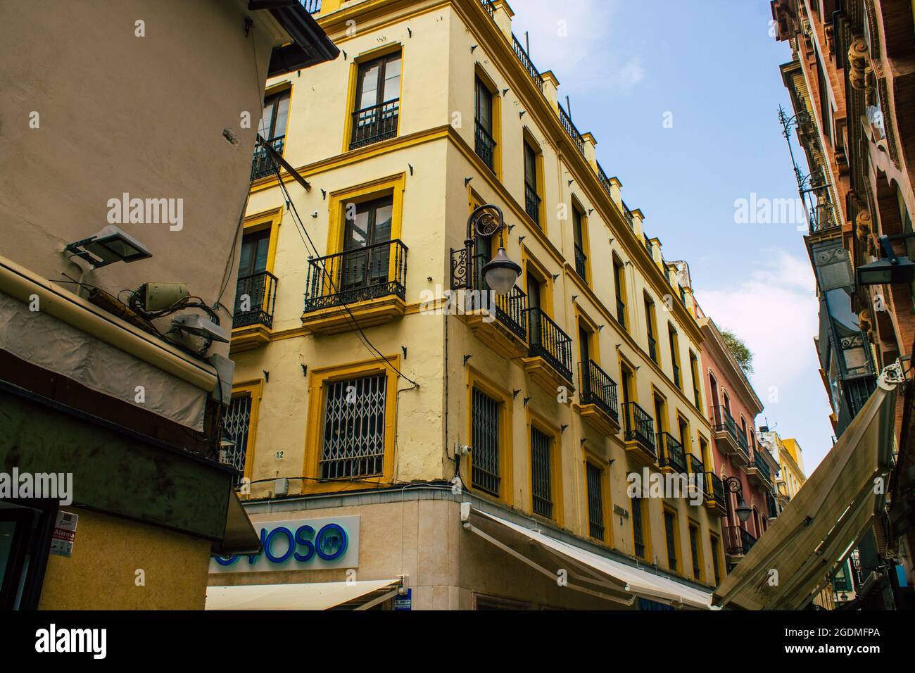 Seville Spain August 10, 2021 Facade of a building in the streets of ...