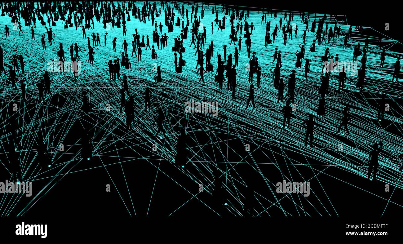 Top view of many different connected persons represented as silhouettes ...