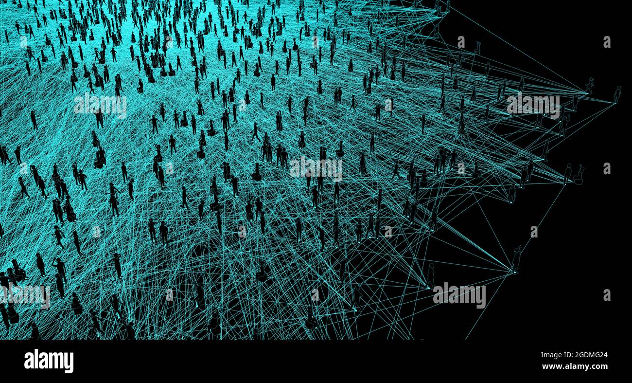Top view of many different connected persons represented as silhouettes ...