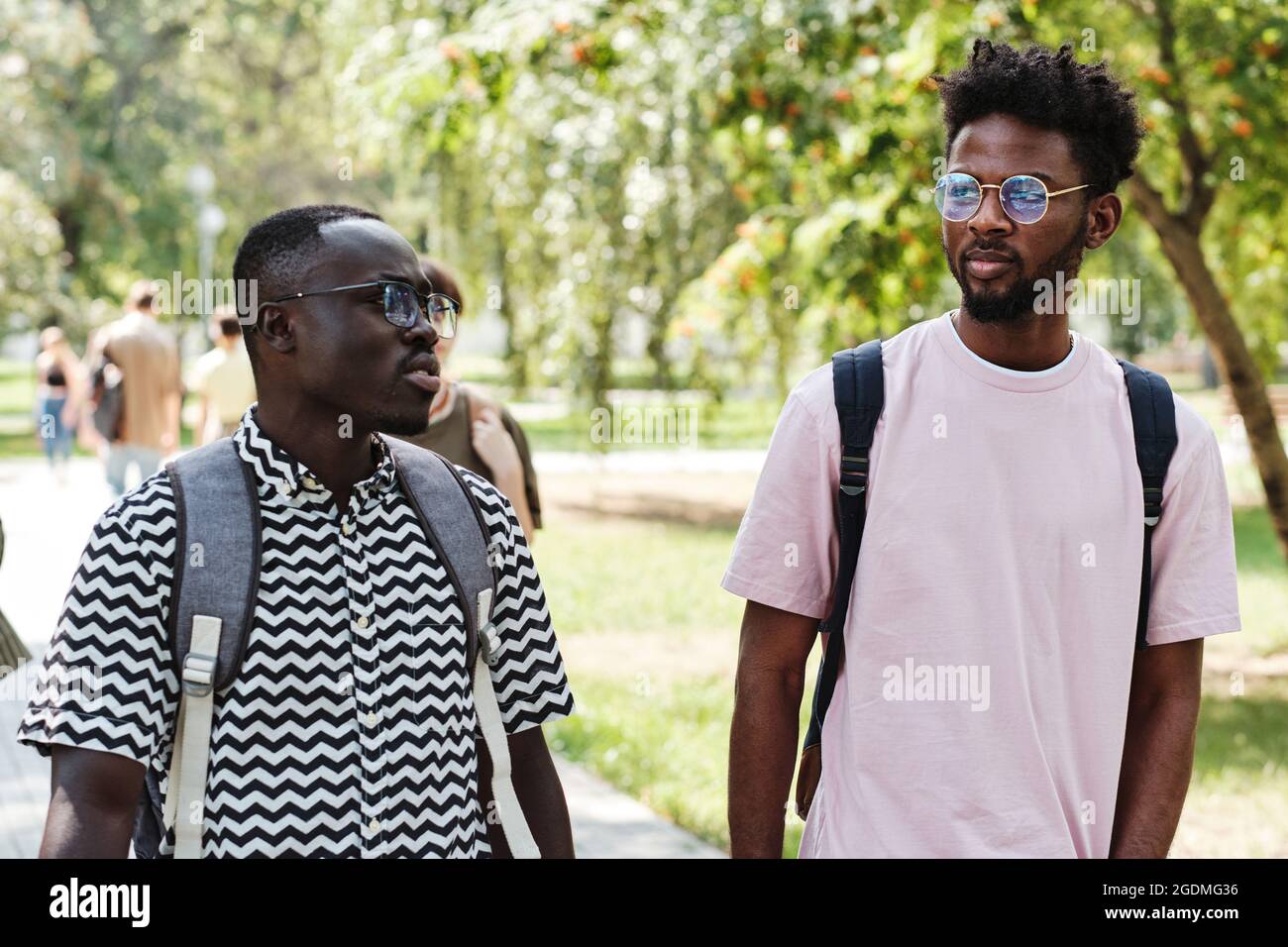 Two African students talking to each other while walking through the ...