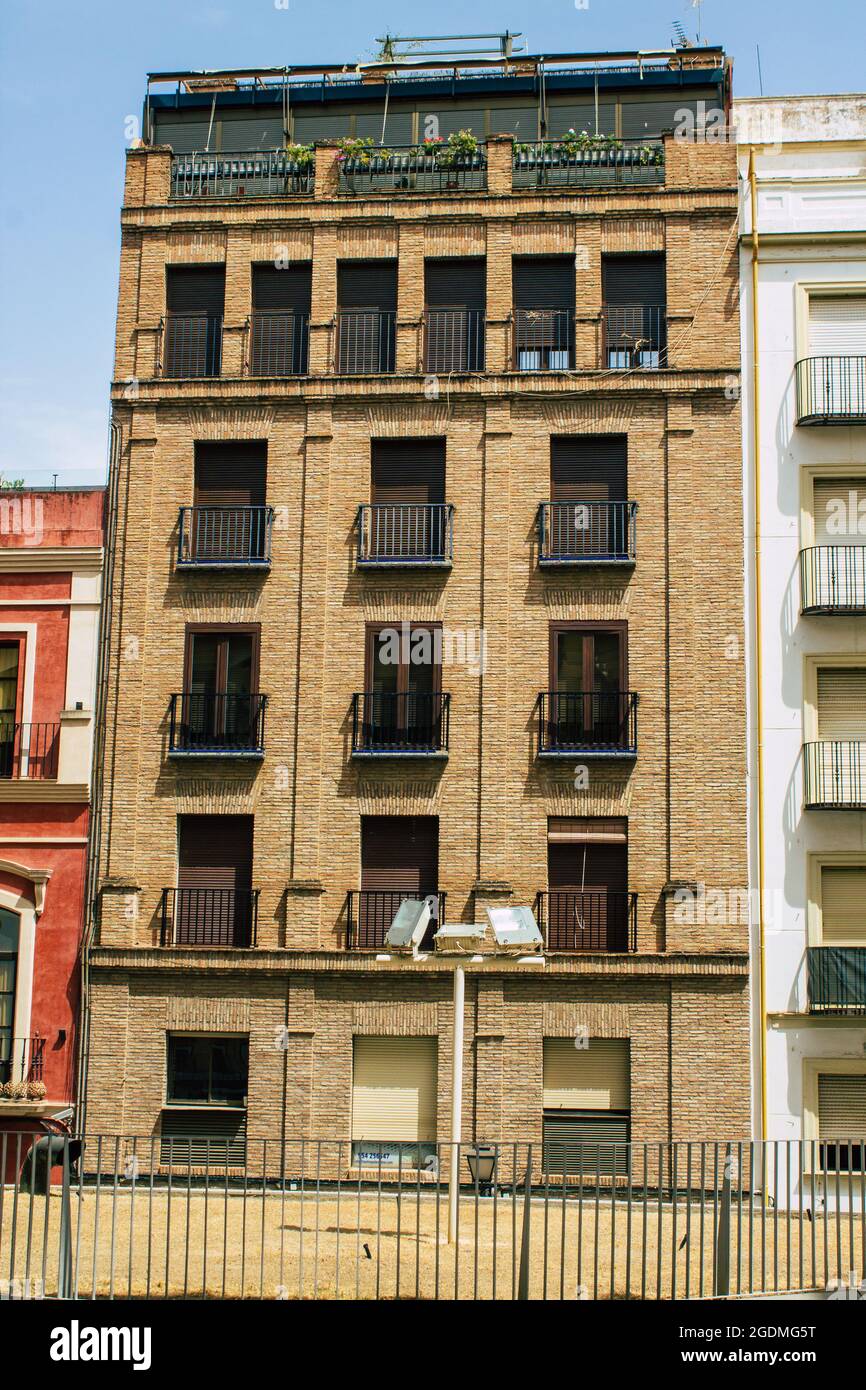Seville Spain August 10, 2021 Facade of a building in the streets of ...