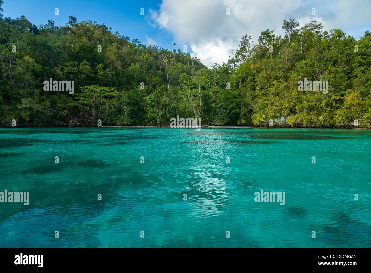A secret sandy beach, surrounded by turquoise waters and a landscape of ...