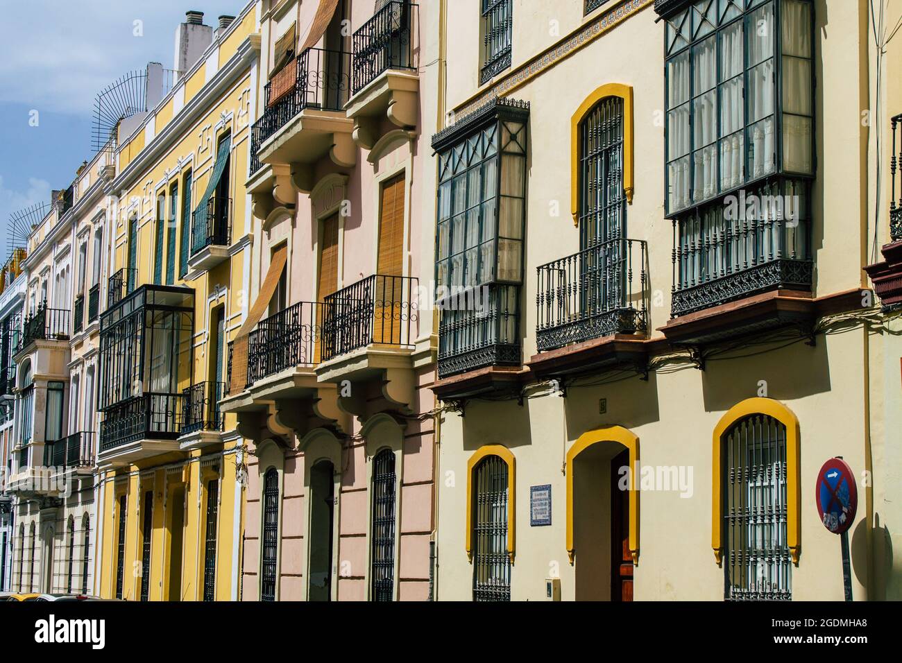 Seville Spain August 10, 2021 Facade of a building in the streets of ...