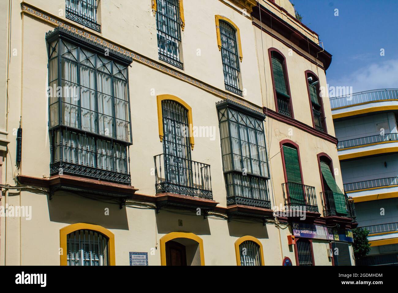 Seville Spain August 10, 2021 Facade of a building in the streets of ...