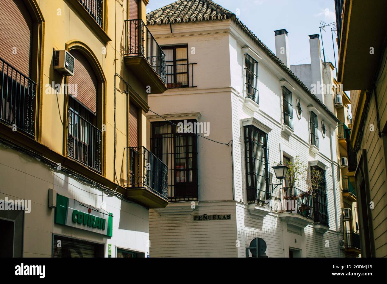 Seville Spain August 10, 2021 Facade of a building in the streets of ...