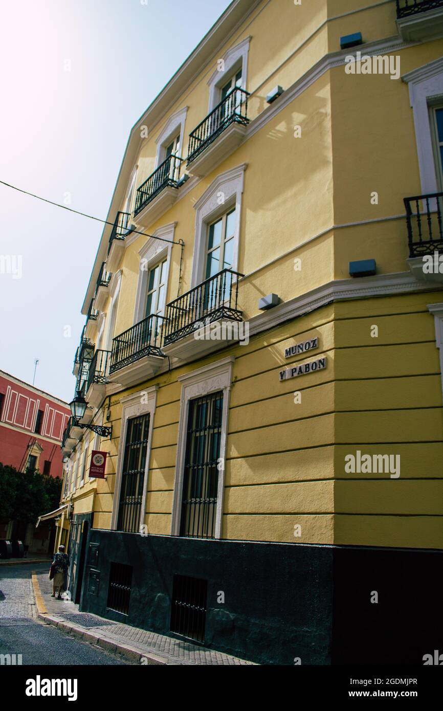 Seville Spain August 10, 2021 Facade of a building in the streets of ...