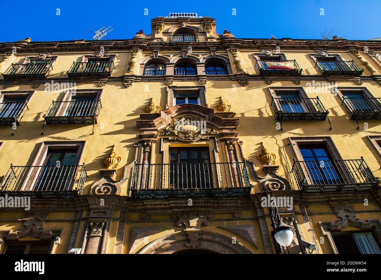 Seville Spain August 10, 2021 Facade of a building in the streets of ...
